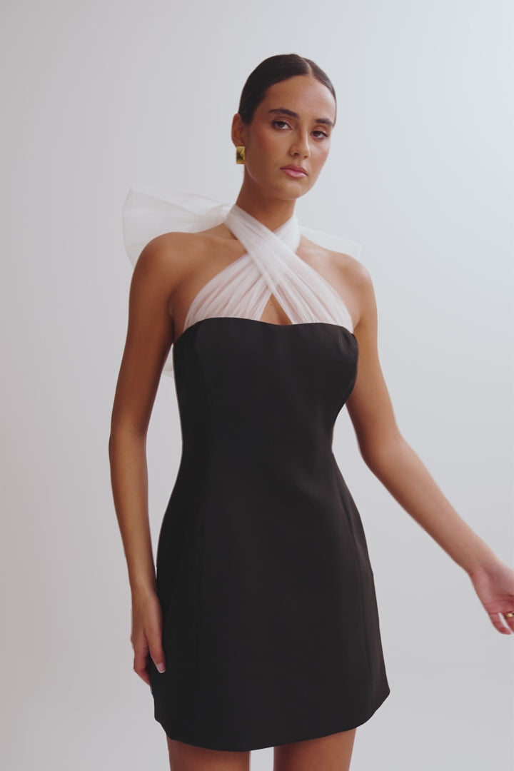 Maryam Tulle Bow Mini Dress - Black - MESHKI