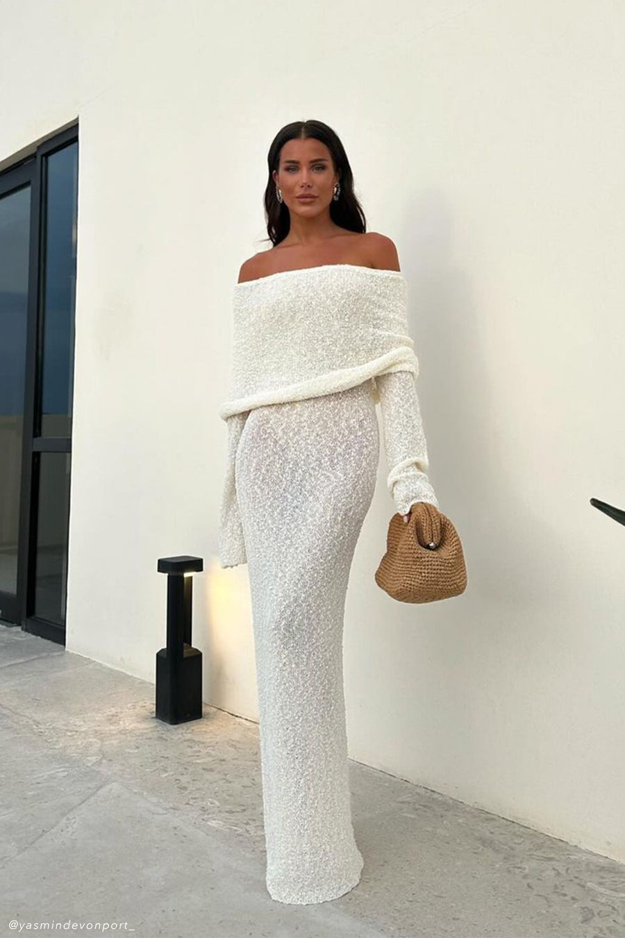 Marisol Off Shoulder Boucle Maxi Dress - Ivory- MESHKI